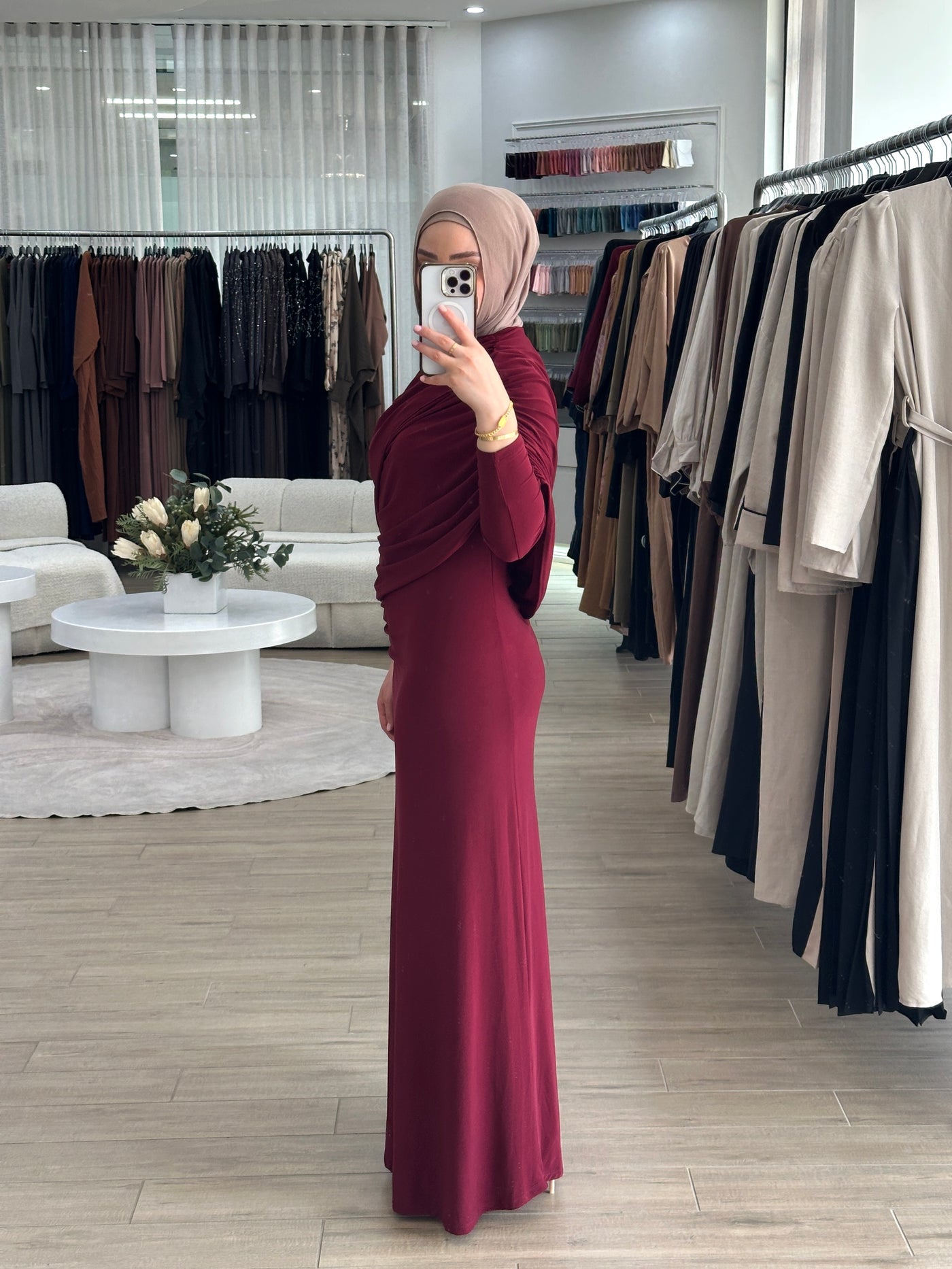 DRAPE JERSEY DRESS- MAROON